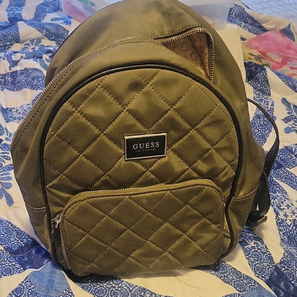 Guess | Bags | Guess Quilted Olive Green Backpack Leather Straps Very ...